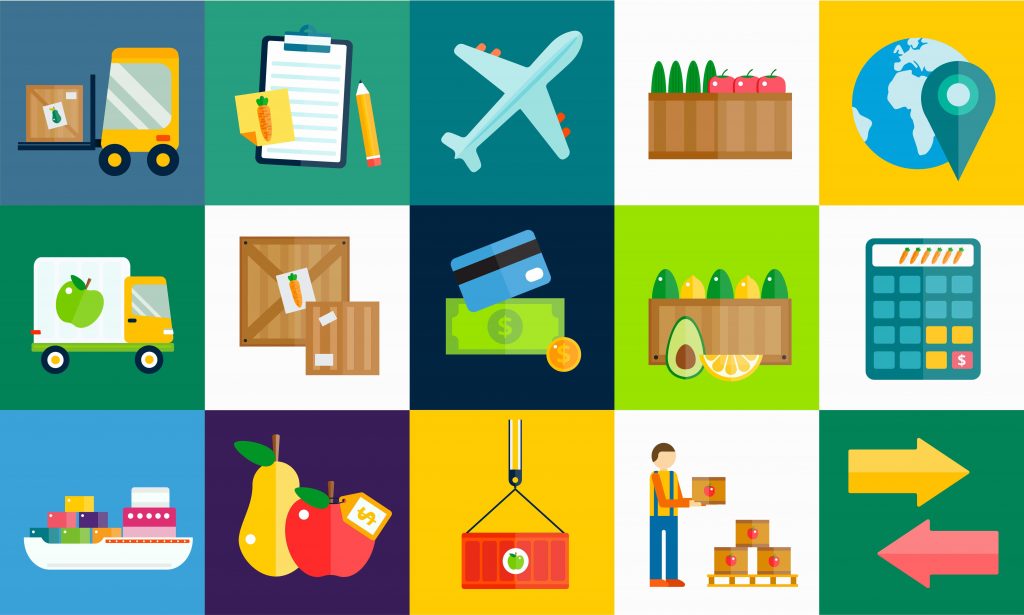 Import export fruits and vegetables delivery vector icons set | Amivet